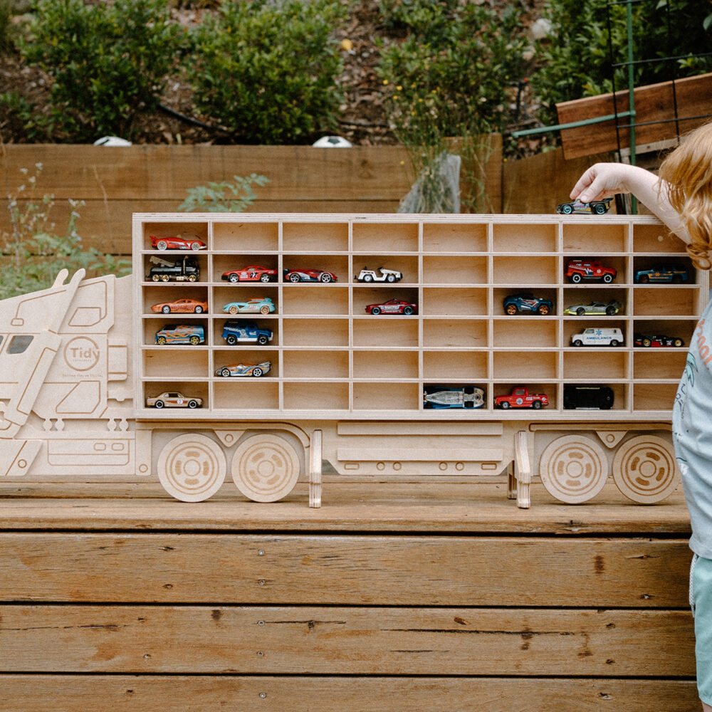 Display Truck For Toy Car Storage - Wood Case, 48 Hot Wheels, Matchbox