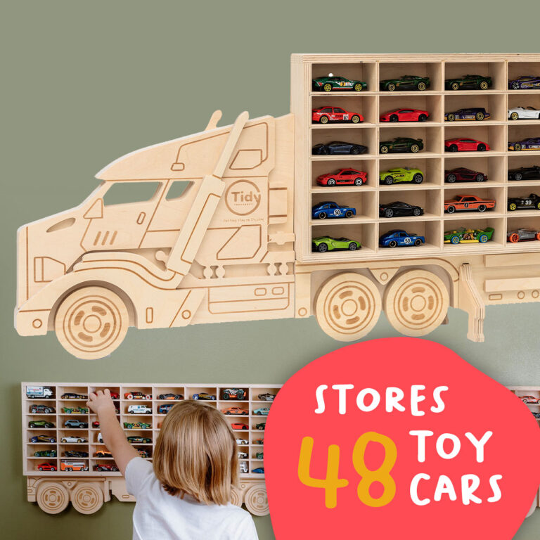 Display Truck For Toy Car Storage - Wood Case, 48 Hot Wheels, Matchbox